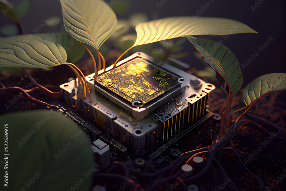 Nature takes back a computer motherboard and grows the CPU socket Stock ...