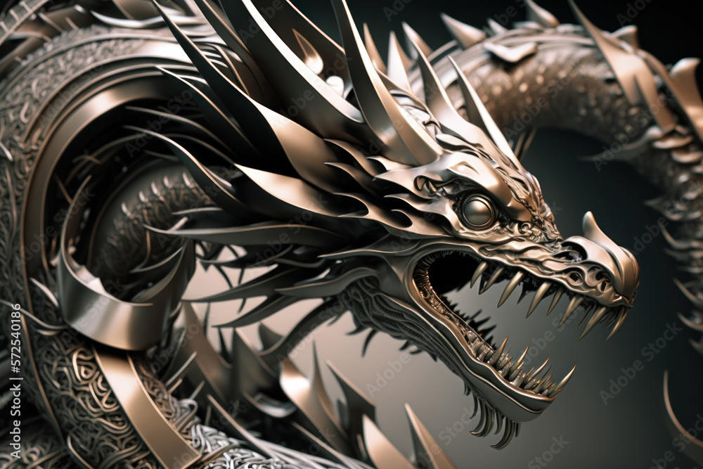 Metal bronze dragon with horns, teeth and armor and coiled 3d and a ...