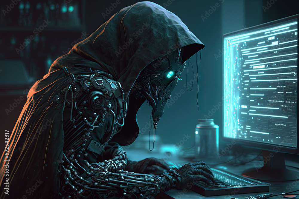 cyborg hacker robot works at computer in front of a monitor. Concept of cyber security ...