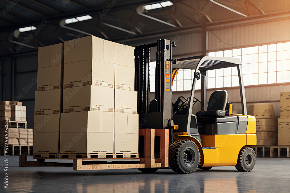 Active warehouse scene with a forklift handling pallets and boxes Stock ...