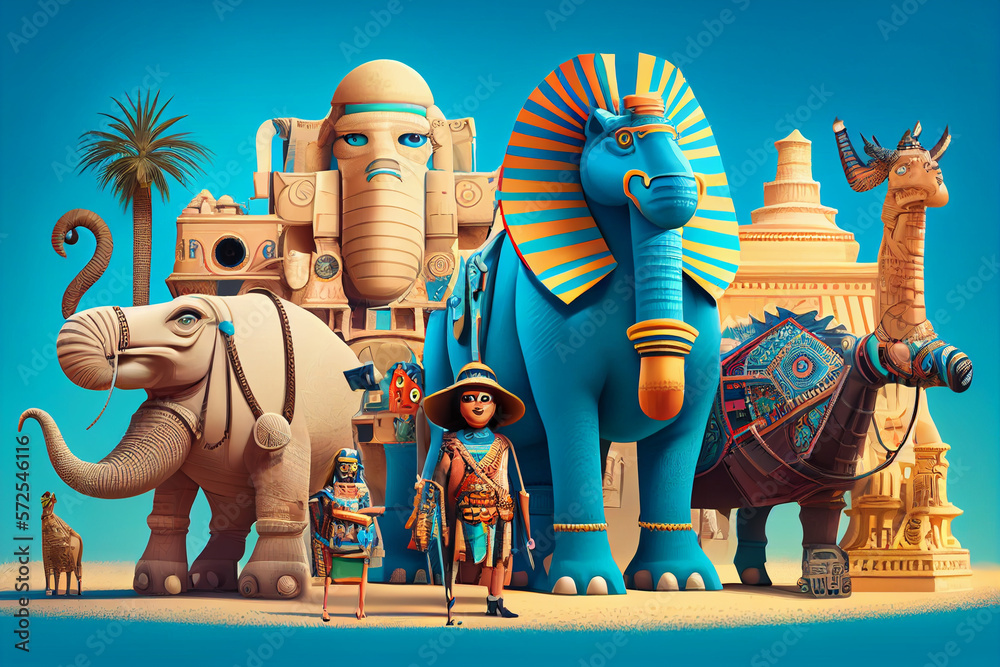3d cartoon character cute Various tourist attractions in Egypt landmark ...