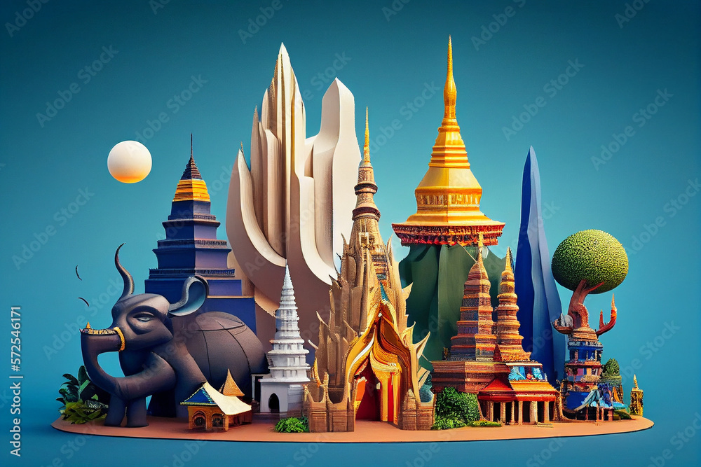 3d cartoon character cute Various tourist attractions in Thailand ...