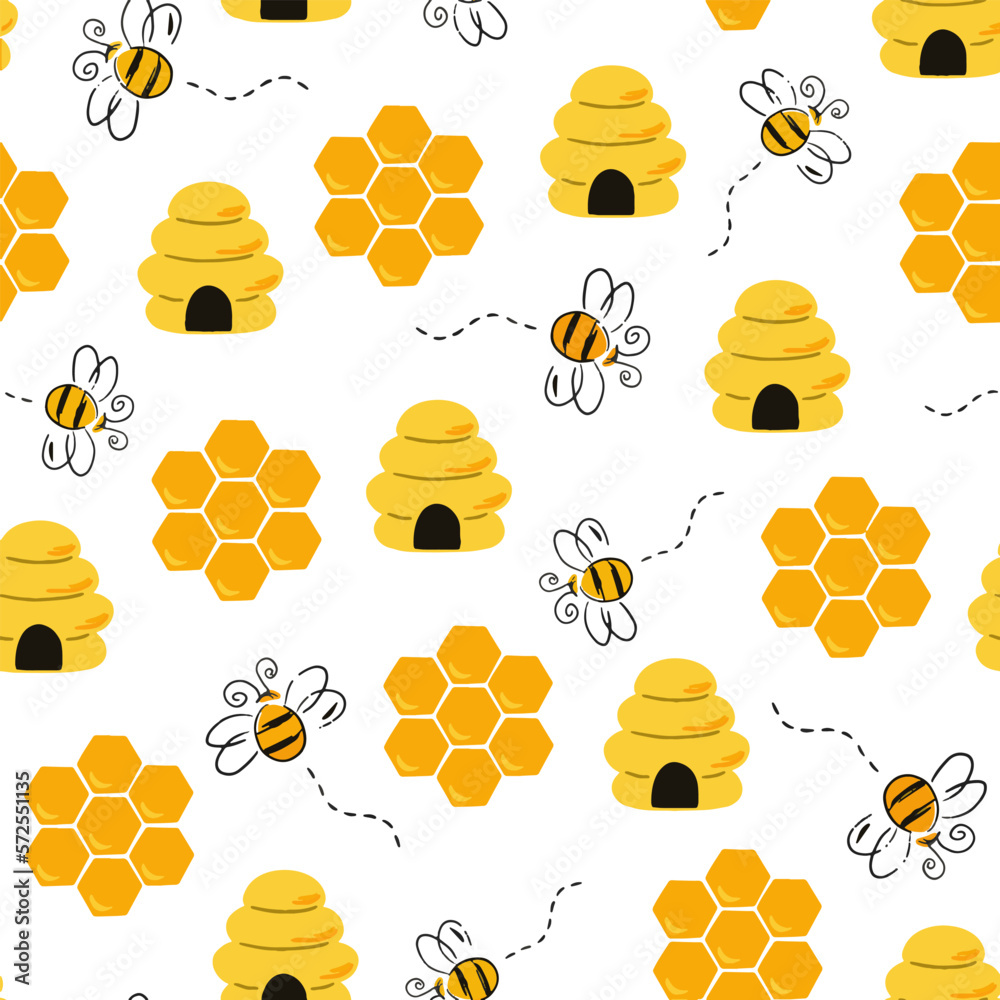 Vector bee pattern. Bees, hives, honey. Sweet pattern with bees. Stock ...
