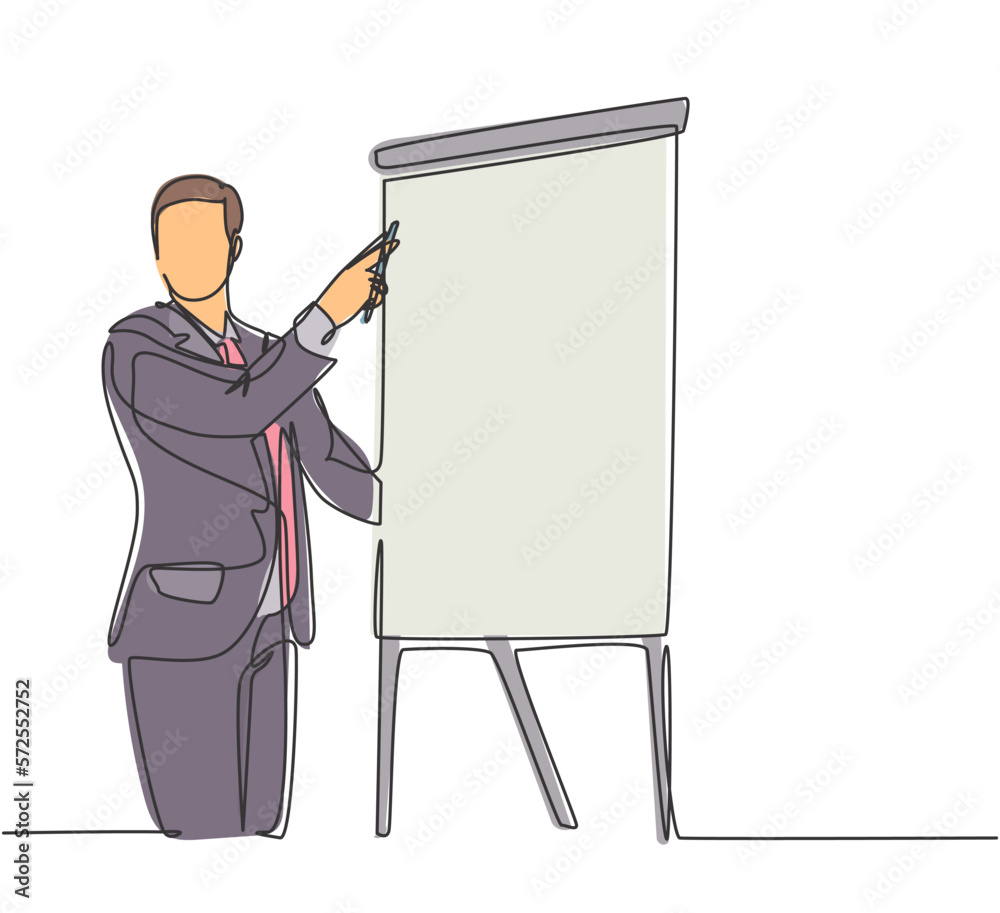 Vetor de One single line drawing of young happy startup founder ...
