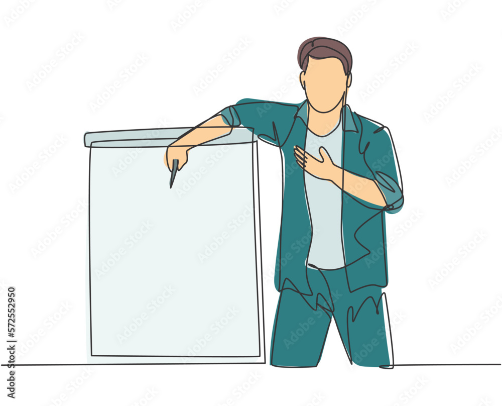 One continuous line drawing of young startup CEO present new golden ...
