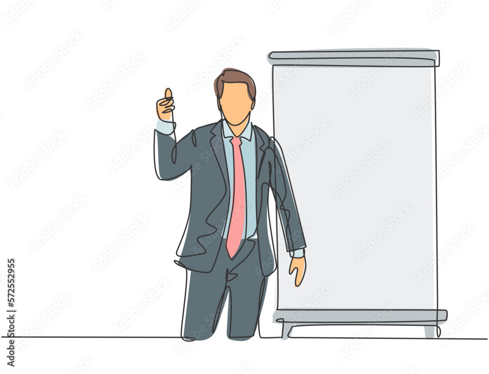 One continuous line drawing of young presenter giving thumbs up gesture ...