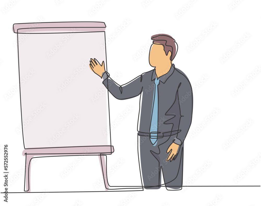 One continuous line drawing of young presenter delivering increasing ...