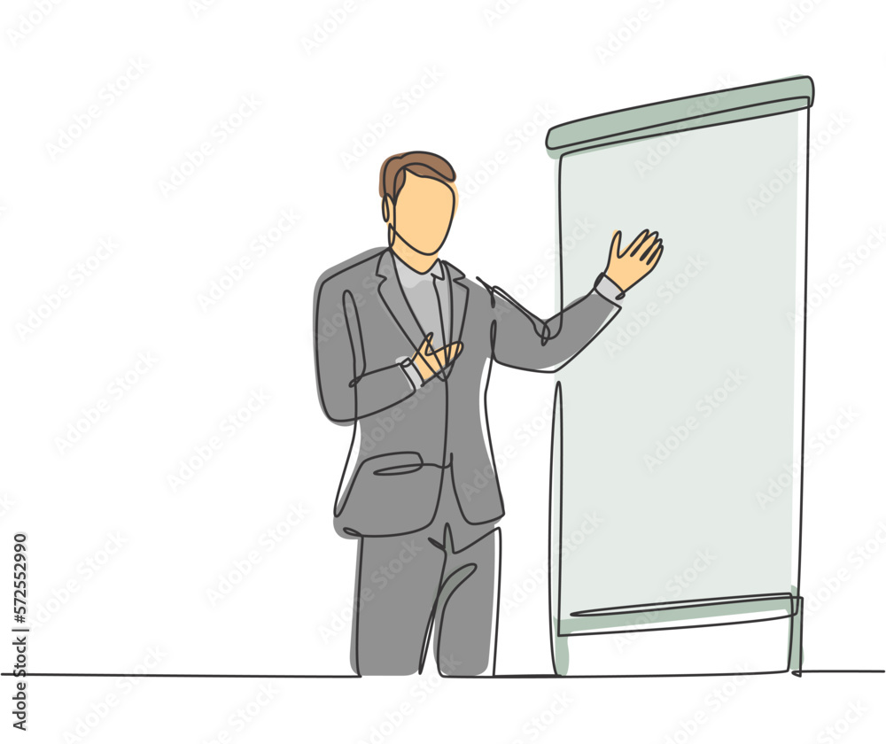 Single continuous line drawing of presenter present product technology ...