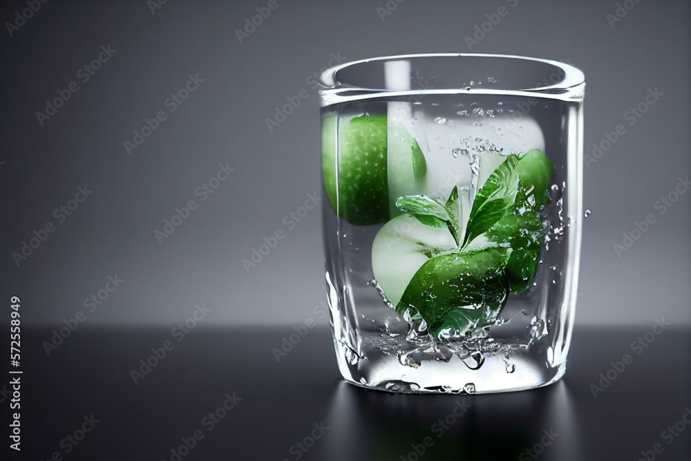 a glass of water with a green apple in it and splashing water on the ...