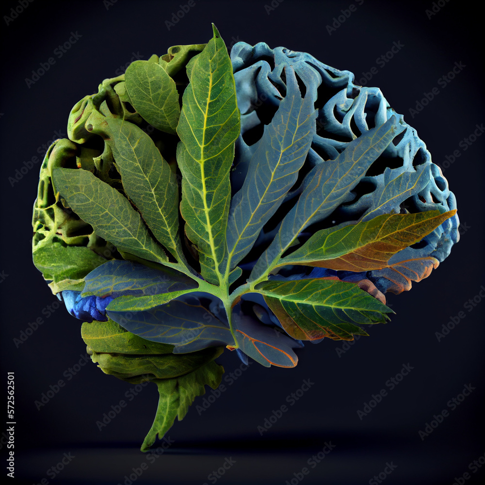 Marijuana brain, cannabis or hemp leaf or weed leaves. 3d concept for ...