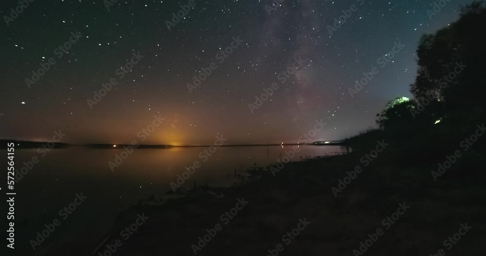Starry sky timelapse with flat calm lake at night. Milky way is visible ...