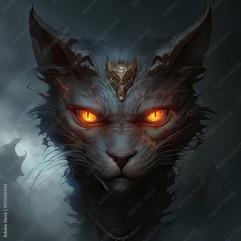 Demon cat on a black smoky background. Monster, interesting concept ...