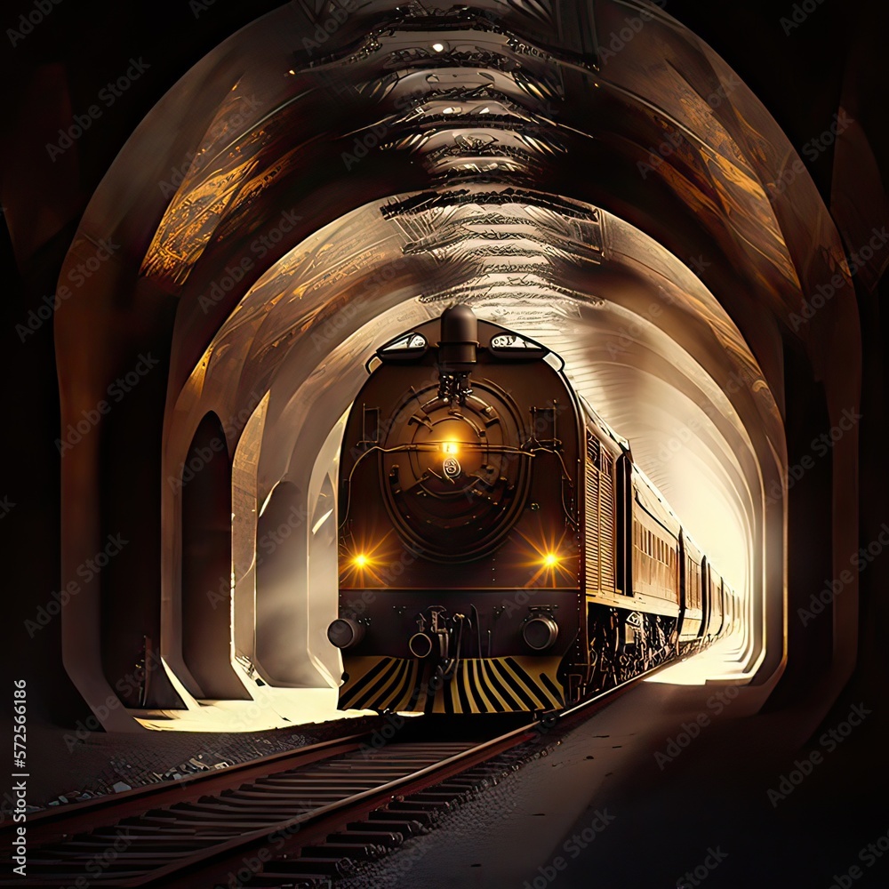Brown train in a tunnel with headlights on. Transportation of ...