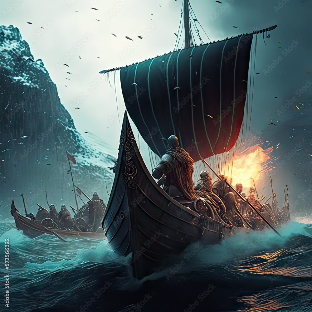 Illustrazione Stock Drakar with the Vikings in free swimming. People of ...