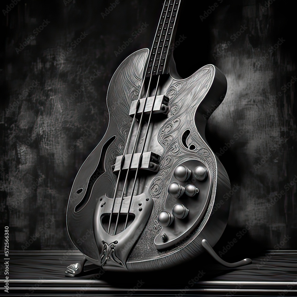 Bass guitar with a luxurious design in black tones on a gray background ...