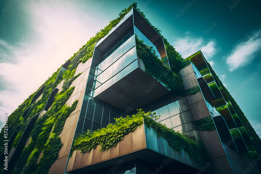 Modern home with lots of live plants on the roof and walls. Concept eco ...