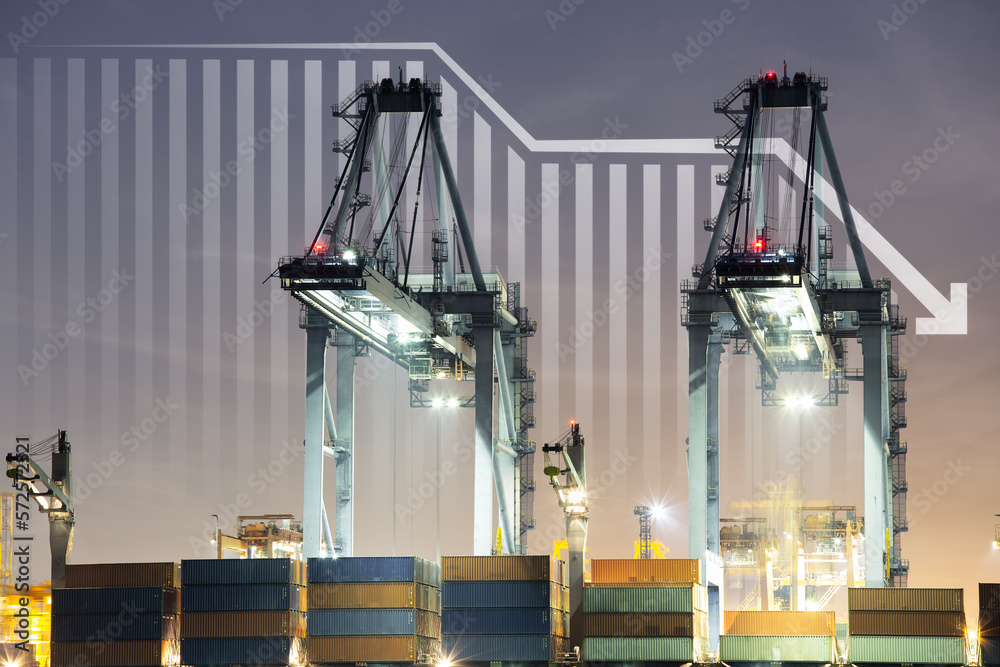 Cargo ship, cargo container work with crane at dock, port or harbour ...