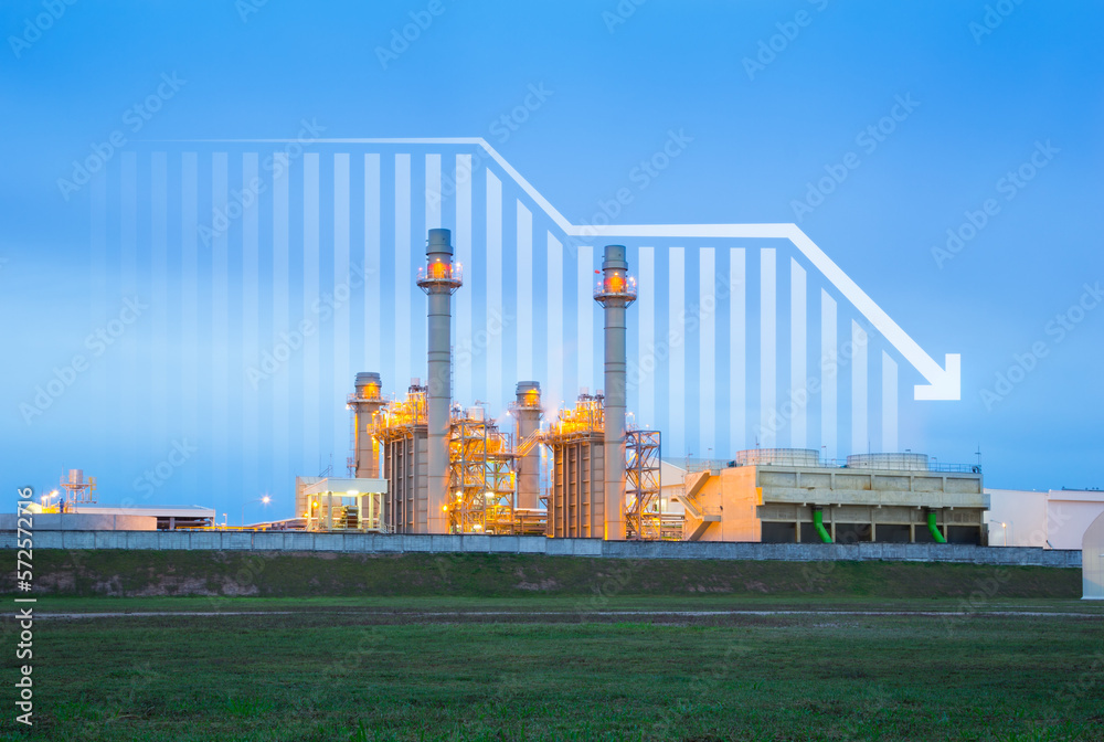 Power plant, gas fired power station. Include decreasing chart, graph ...