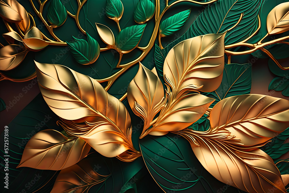Leaves background. 3d mural floral wallpaper. golden and green f leaves ...