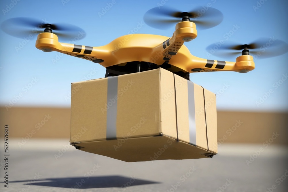 Flying delivery drone delivers a large brown box. Business and air ...