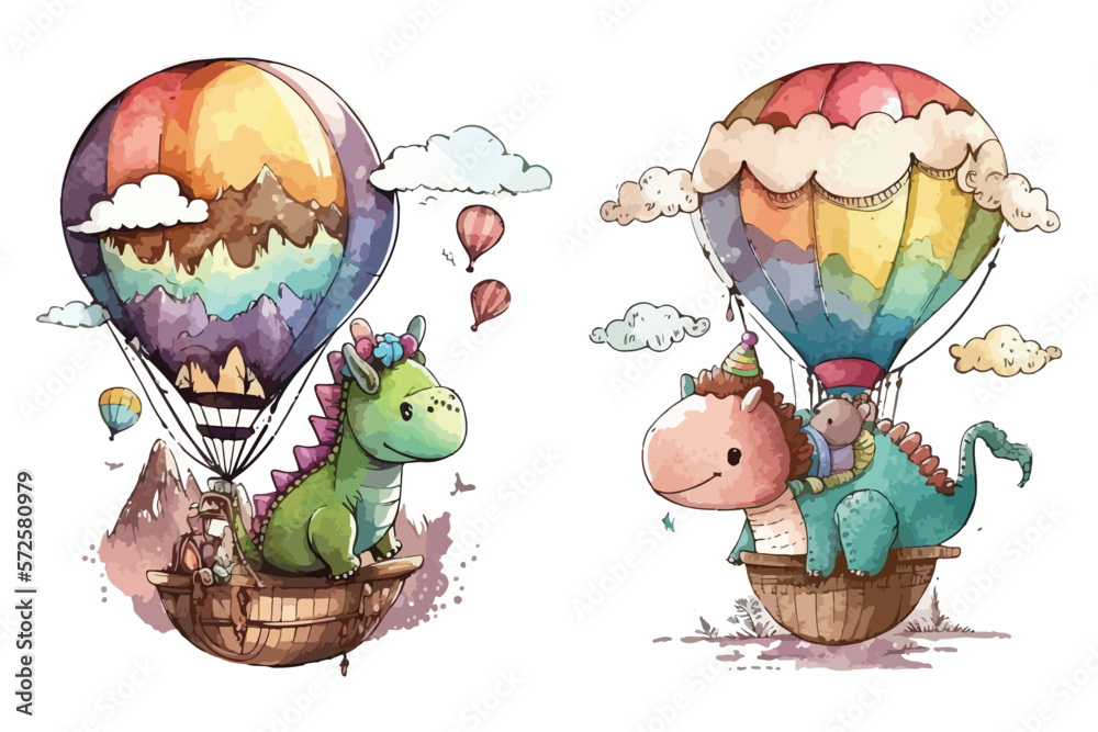 Cute doodle dinosaur, baby dinosaur with watercolor vector illustration ...