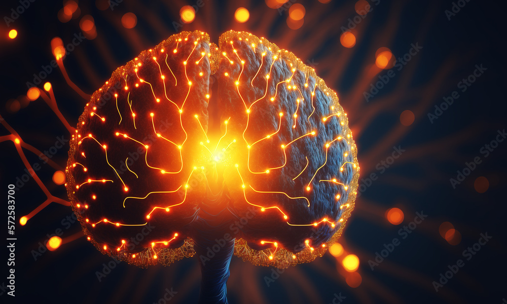 Glowing brain background with neural links network. Illustration representing artificial ...