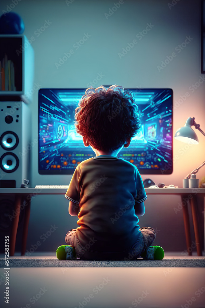 Kid playing video games in his room. Back view of a child sitting in ...