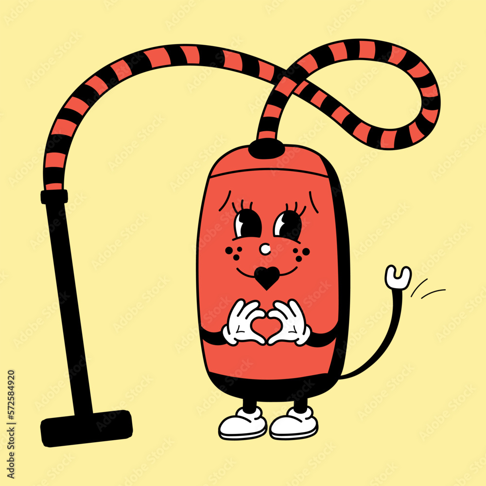 Retro cartoon characters black and red vacuum cleaner with cutie face ...