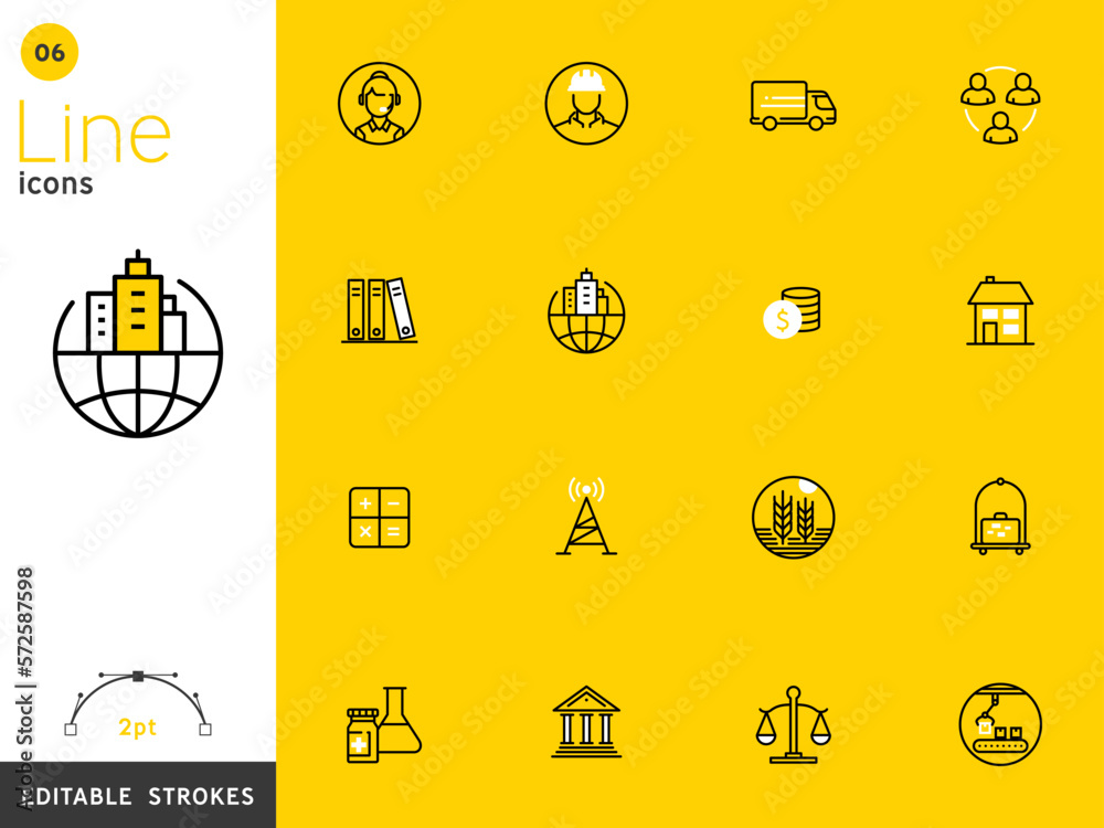 Business, finance, and transportation yellow line icon collection ...