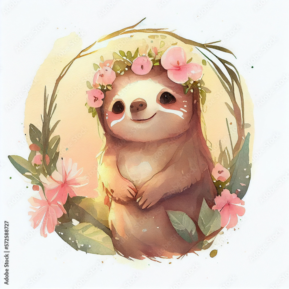 Cute sloth wearing flower crown, watercolor illustration of whimsical ...