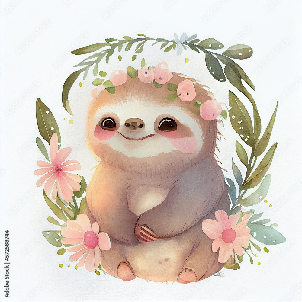 Lovely sloth baby character watercolor illustration. Sweet design in ...