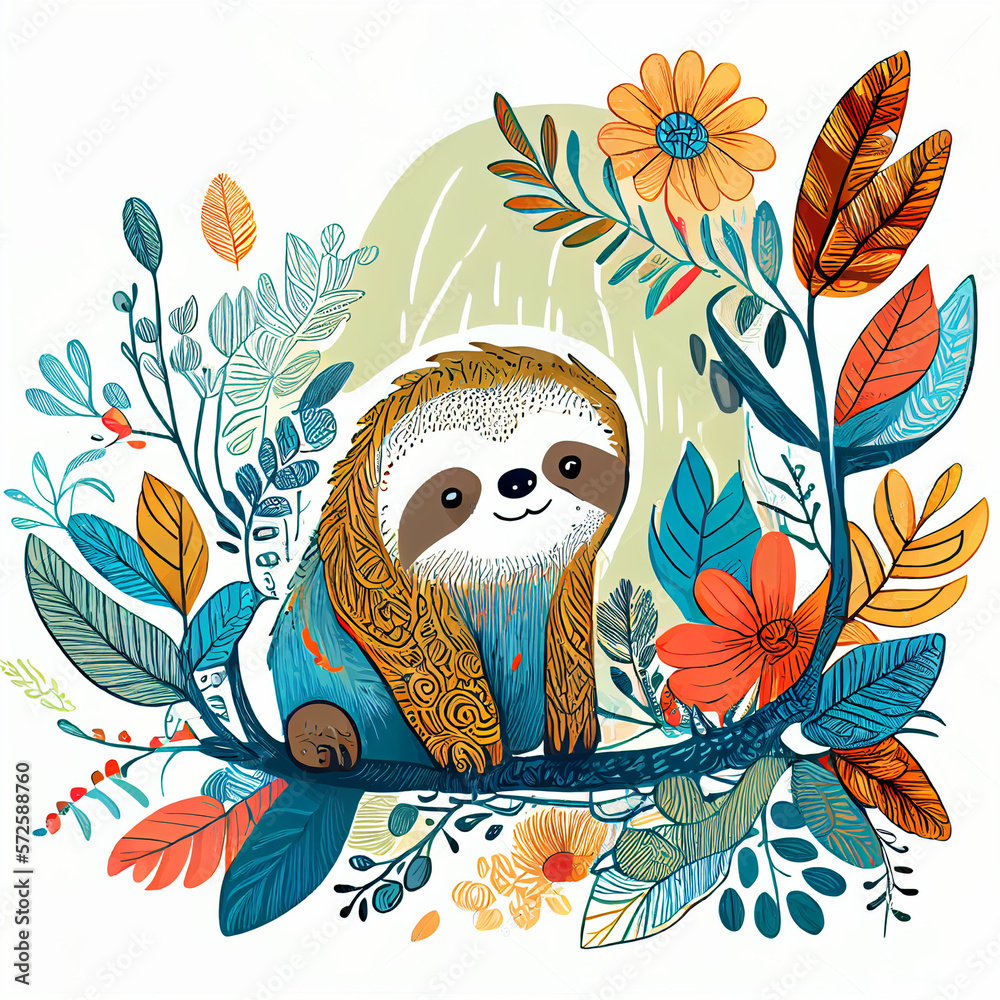 Kawaii sloth boho style doodle Illustration. Cute baby sloth animal ...
