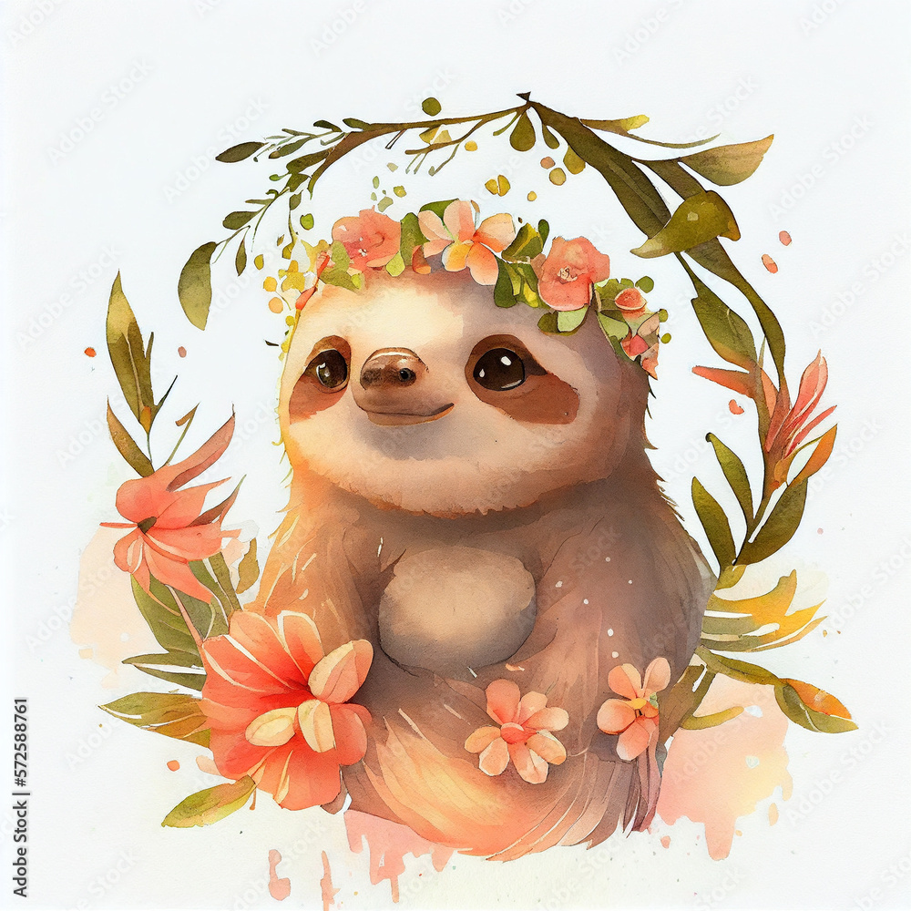 Kawaii sloth watercolor boho style Illustration. Cute baby sloth animal ...