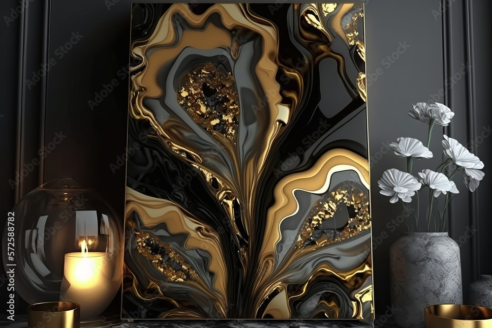 fractal flowers golden and black liquid marble background. Resin geode ...