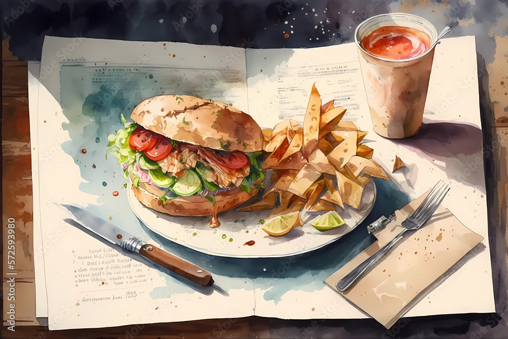 Watercolor breakfast, lunch, lunch. AI generation Stock Illustration ...