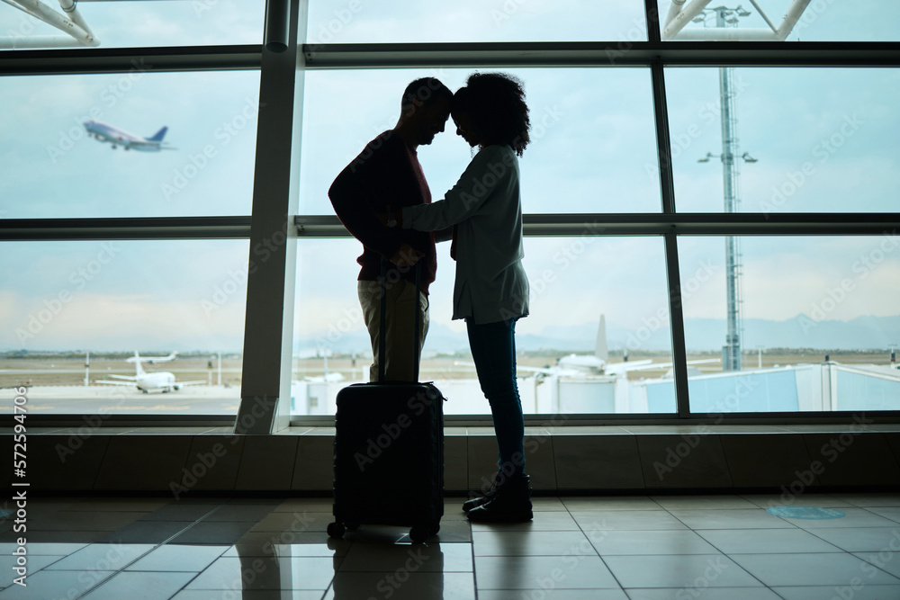 Airport, couple and silhouette of love, hug and leaving on vacation on ...