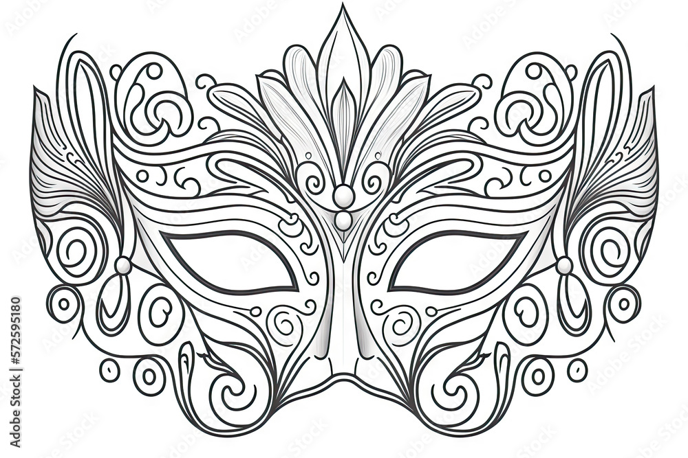Mardi Gras mask black and white line art illustration Stock ...
