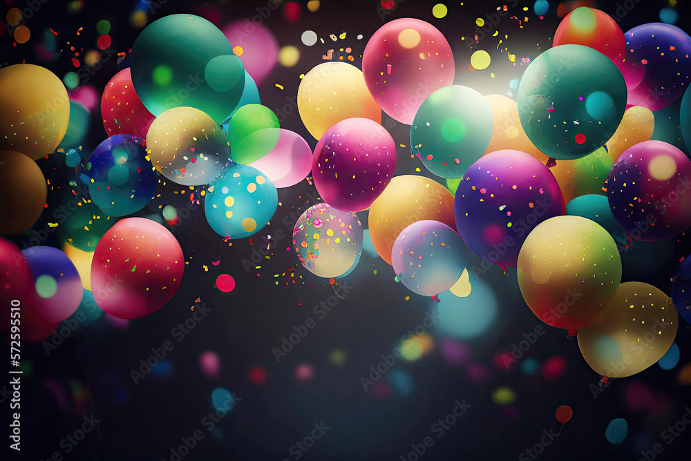 Colorful flying balloons and confetti as abstract background wallpaper (Generative AI) Stock ...