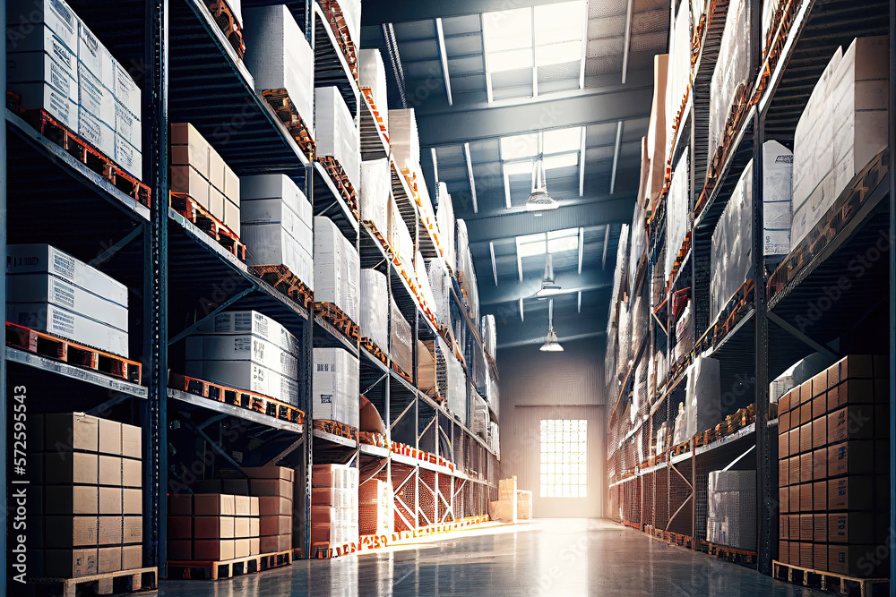 Indoor view of a commercial warehouse aisle (Generative AI) Stock ...