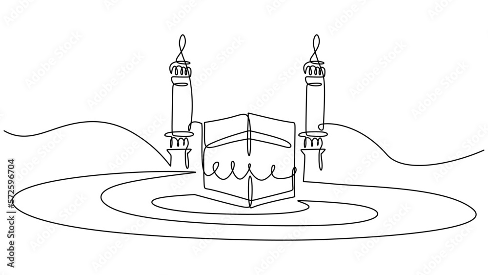 One line drawing of big kaaba isolated on white background. Continuous ...