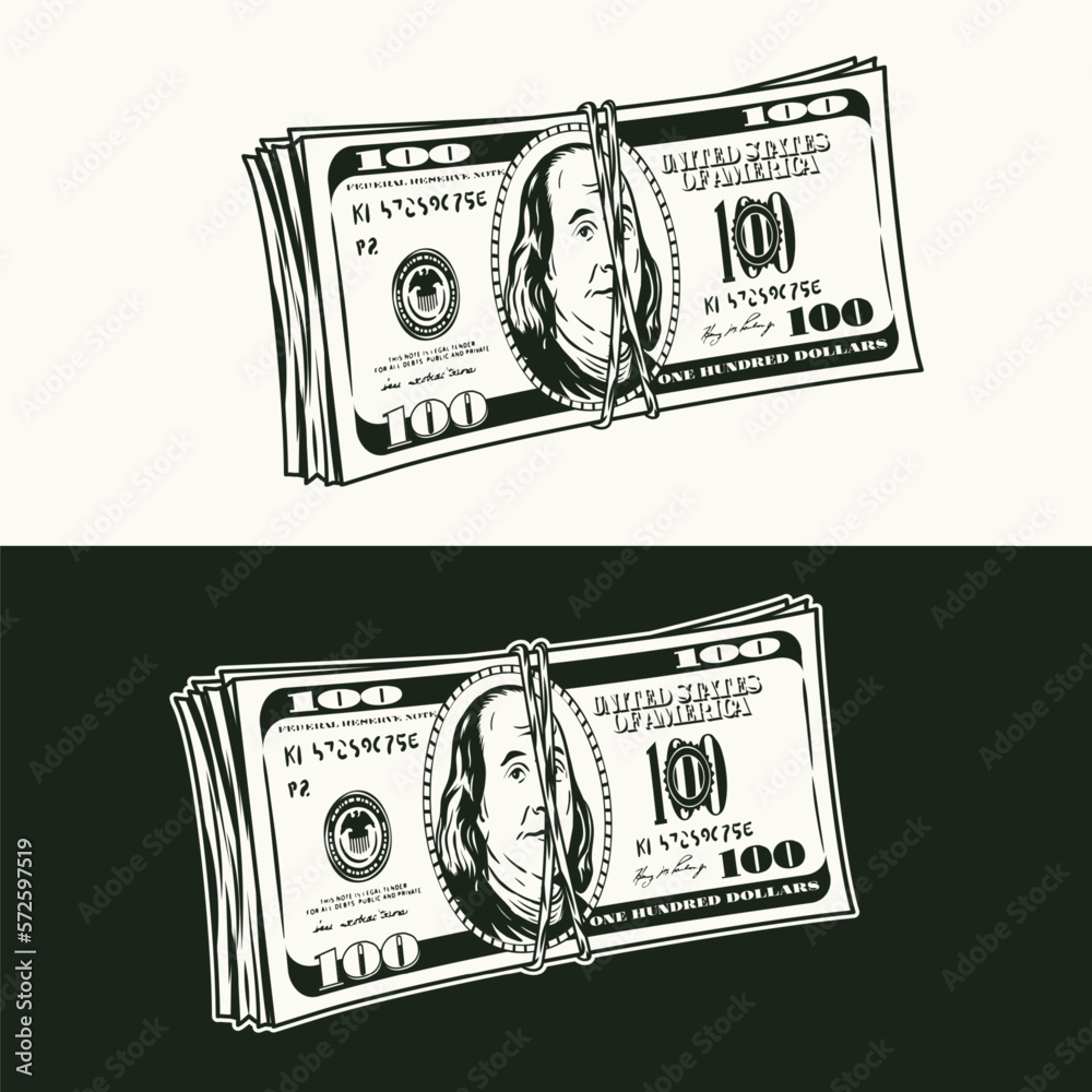 Standing Upright Wad Of 100 Dollar Bills Banded With A Rubber Band Banknotes With Front Obverse