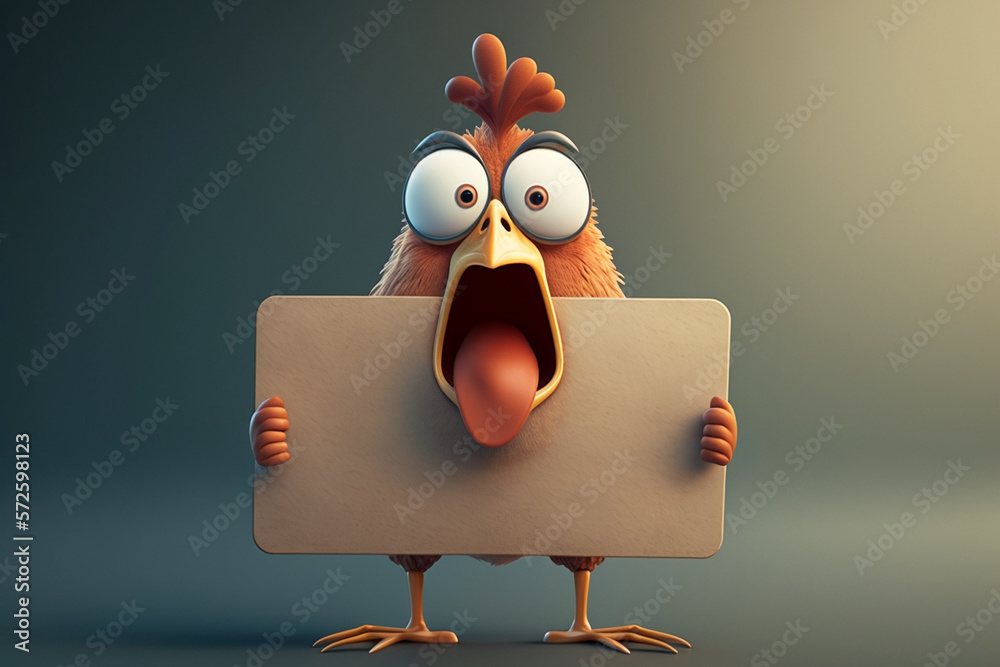 a cartoon chicken holding a blank signboard created by generative AI ...