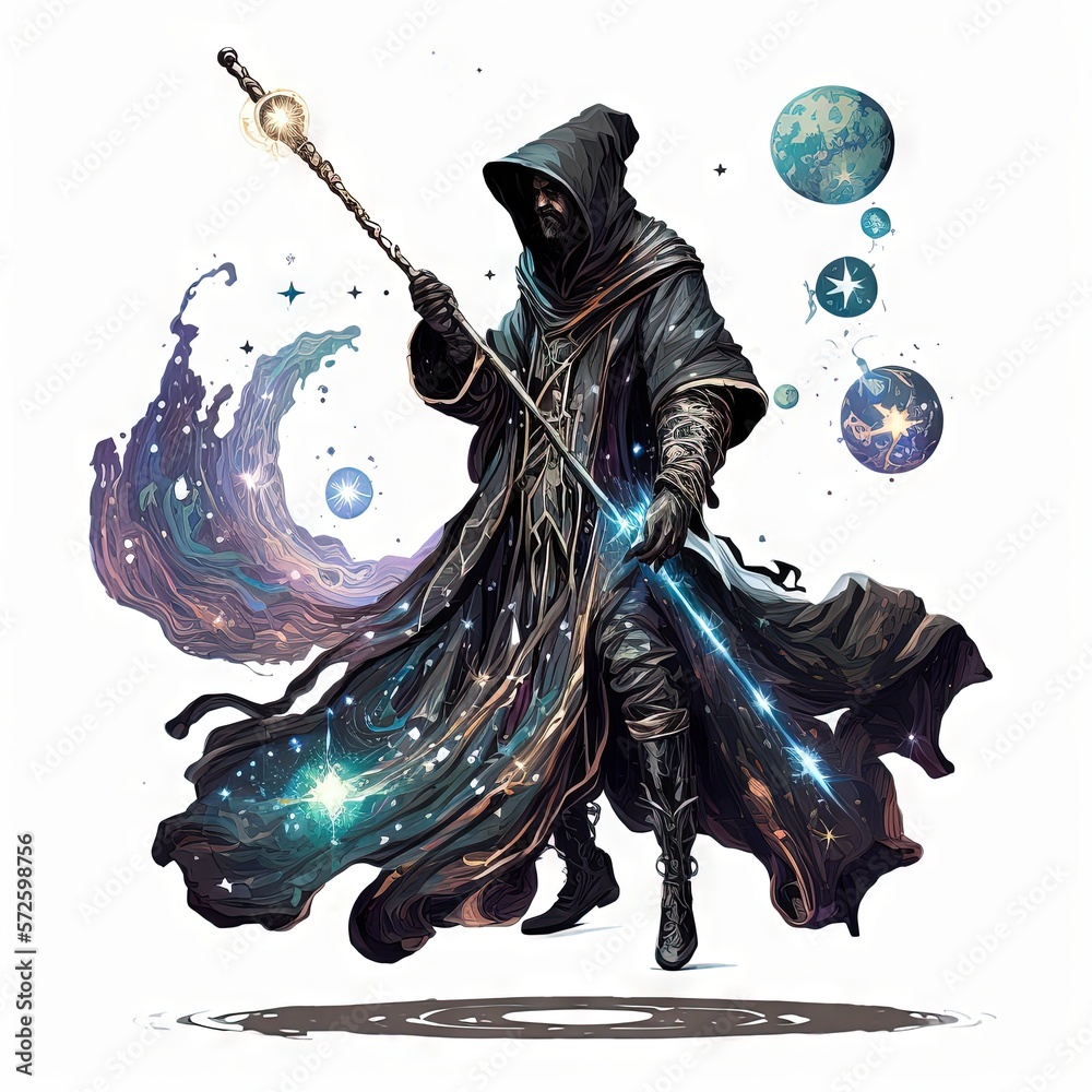 Fantasy RPG Space Mage drawing, white background, created with ...