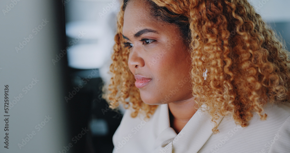 Business, black woman and focus on typing, computer and online schedule ...