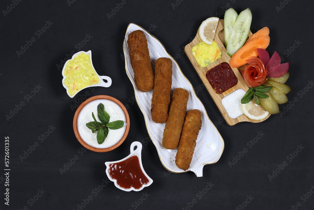 Chicken Fingers Dish with Ketchup and Mayo Dips and Slices of Tomato ...