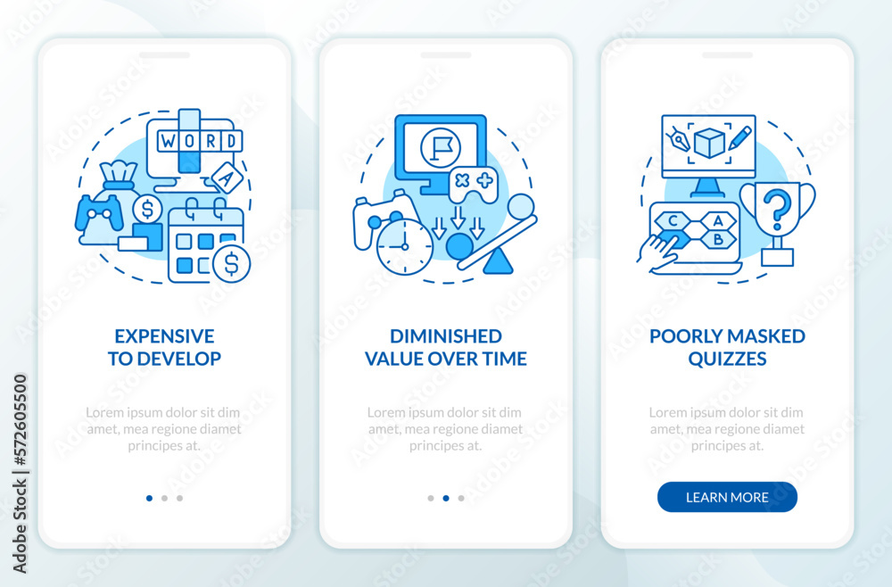 Gamification Cons In E Learning Blue Onboarding Mobile App Screen Walkthrough 3 Steps Editable