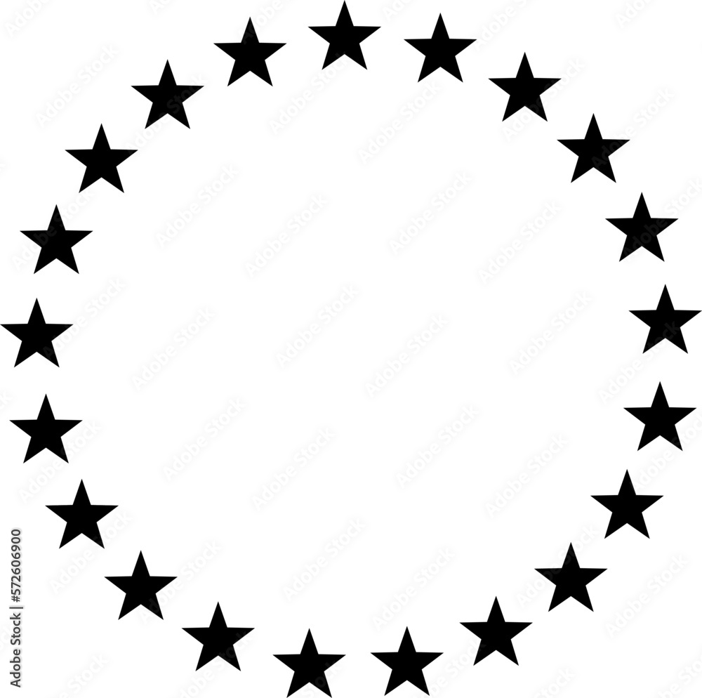 Stars of various sizes arranged in a circle. Black star shape, round ...