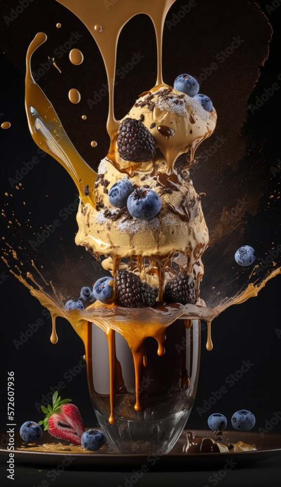 Abstract illustration of explosion of taste, ice cream and berries. AI ...