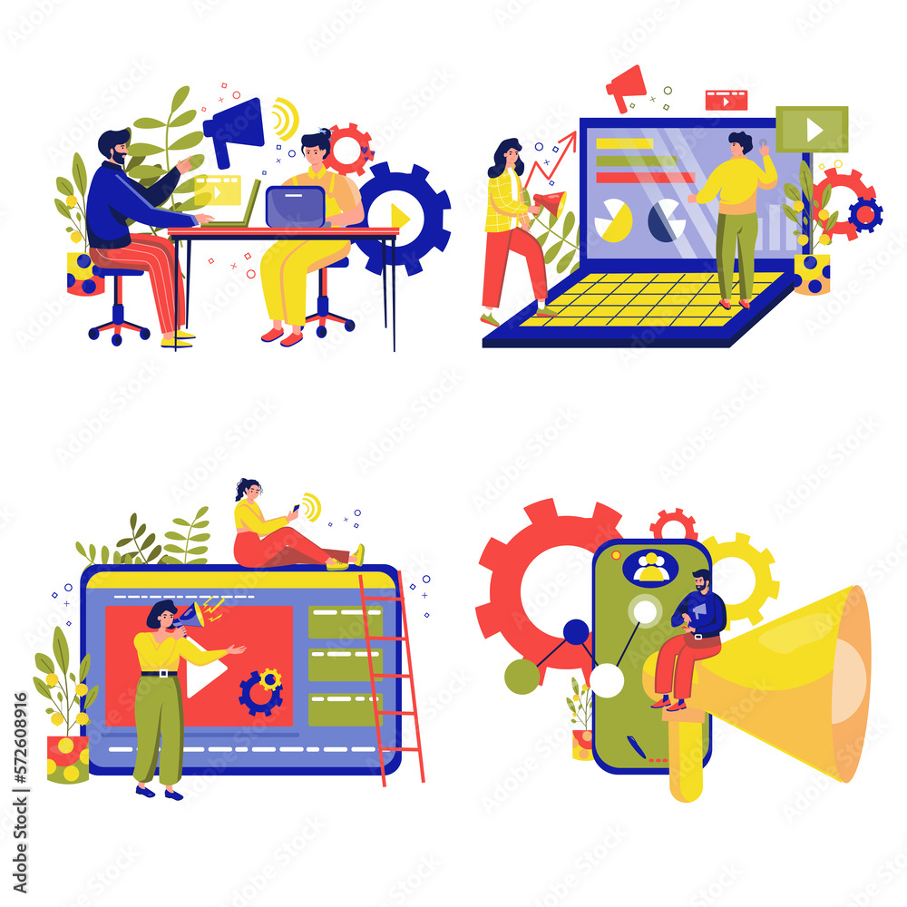 Marketing set concept with people scene in the flat cartoon design ...