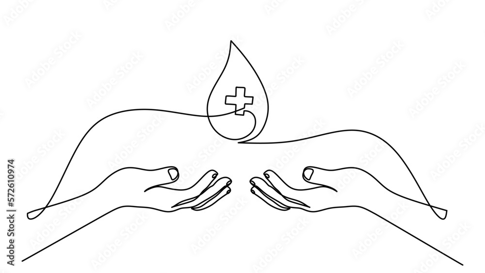 One continuous single line drawing of hand give blood isolated on white ...
